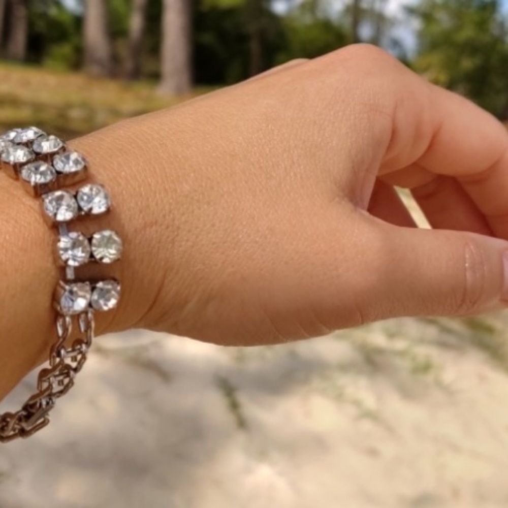 Vintage Silver Big Layered Rhinestones Fancy Brace - Gem